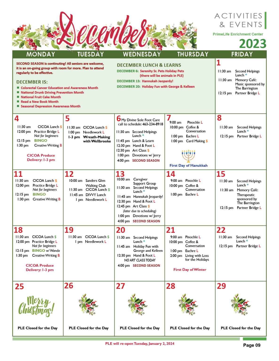 December 2023 Activities Calendar – PrimeLife Enrichment