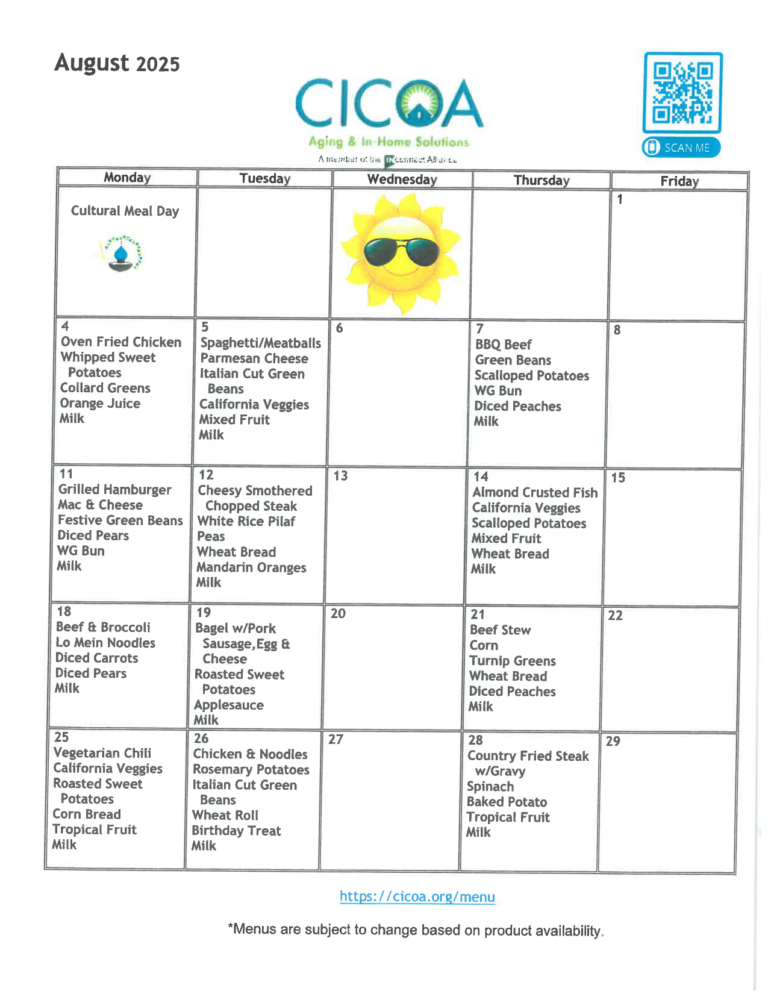 August 2025 CICOA Lunch Schedule – PrimeLife Enrichment